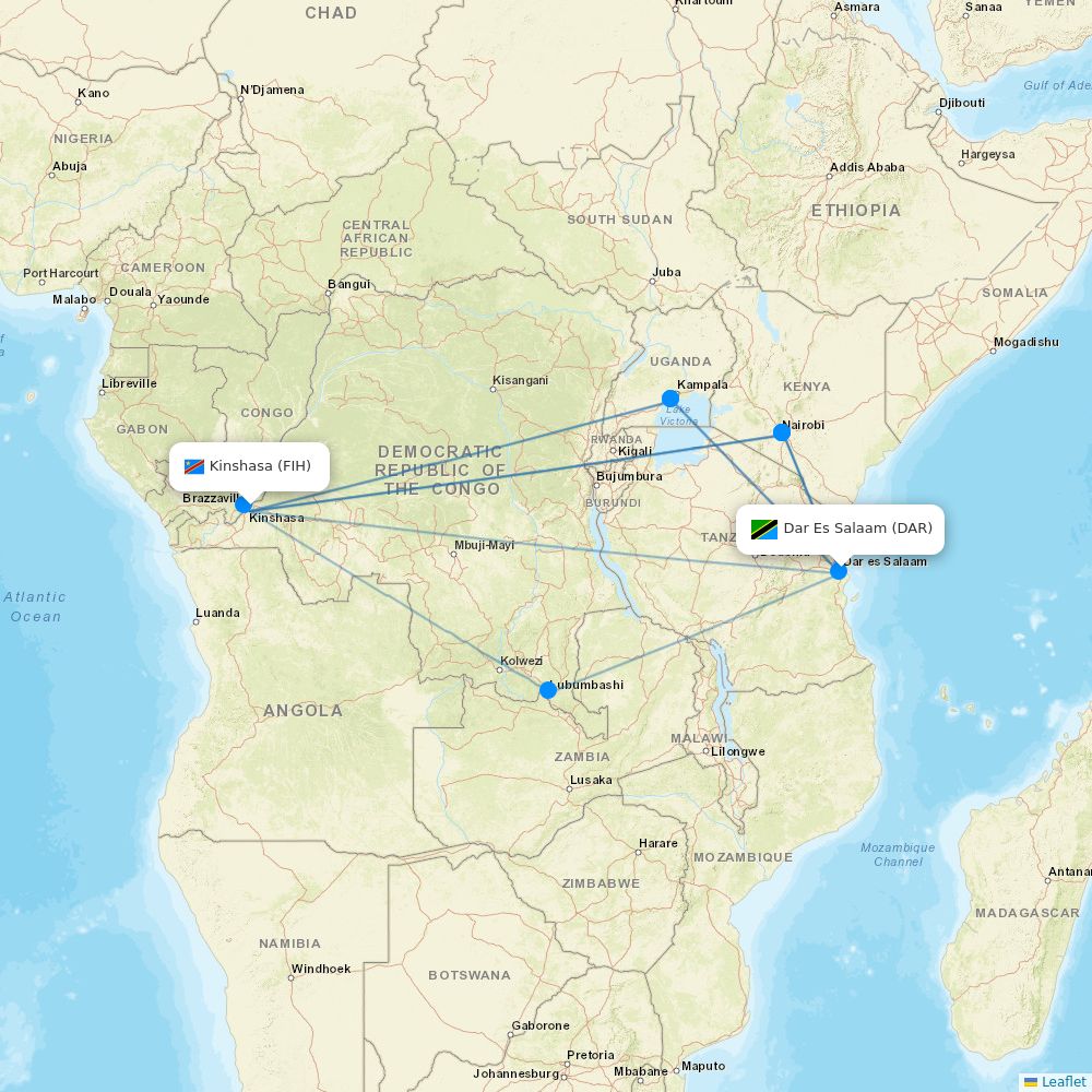 Air Tanzania airline routes (TC) 2026, map - Flight Routes