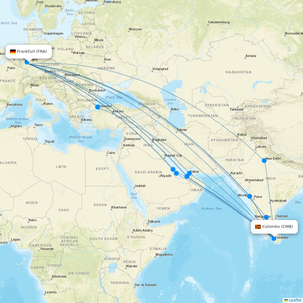 SriLankan Airlines routes (UL) 2025, map - Flight Routes