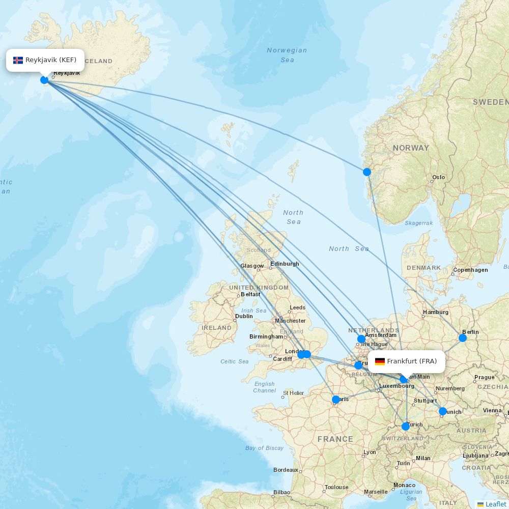 Icelandair airline routes (FI) 2025, map - Flight Routes