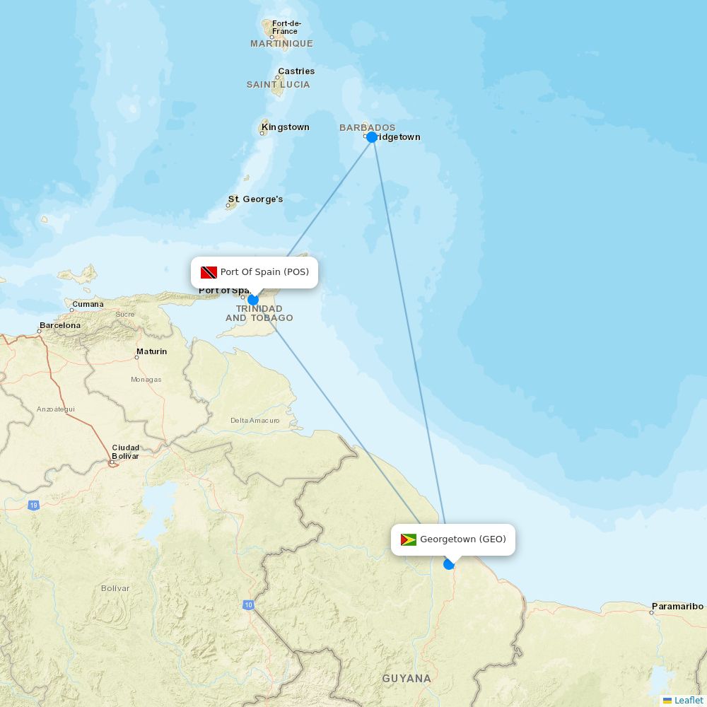 Caribbean Airlines routes (BW) 2025, map - Flight Routes
