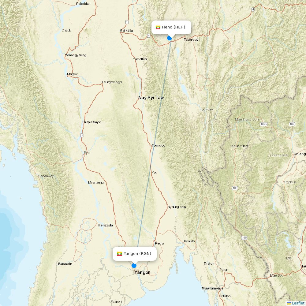 Myanmar Airways International airline routes (8M) 2026, map - Flight Routes