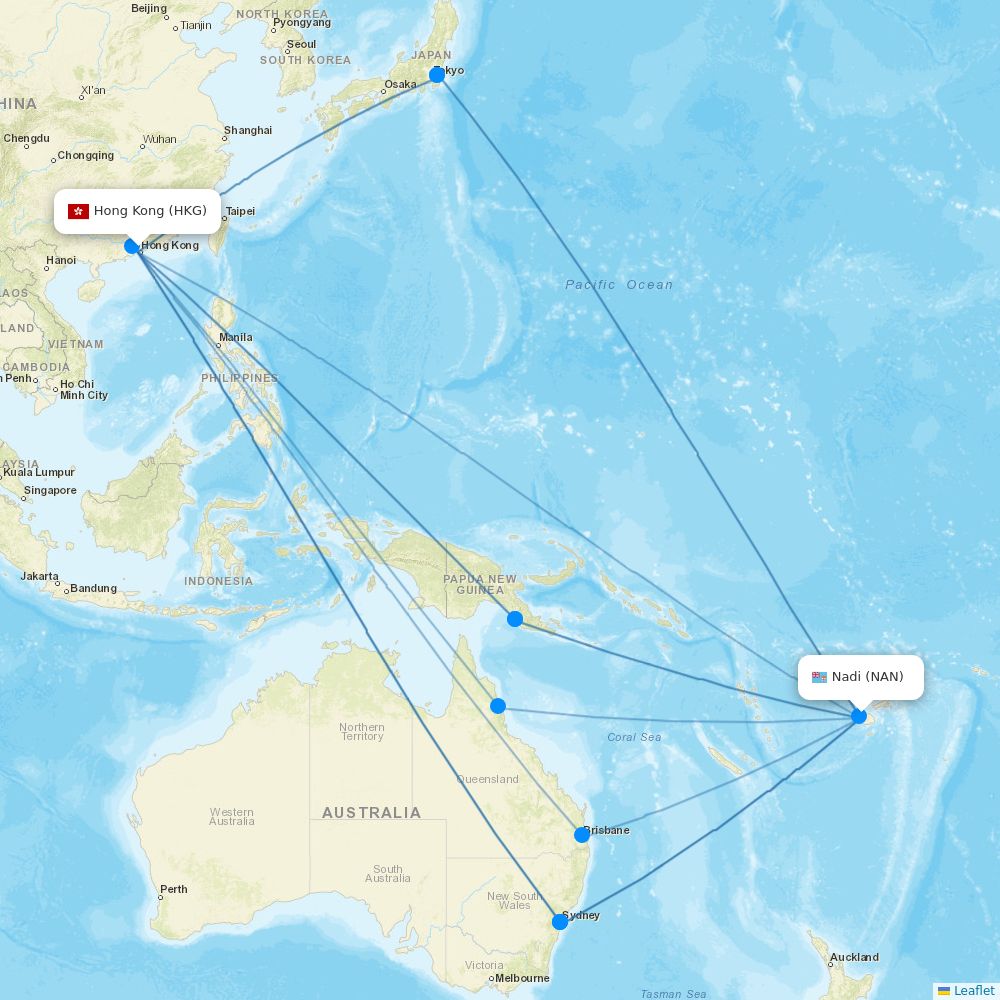 Fiji Airways airline routes (FJ) 2026, map - Flight Routes