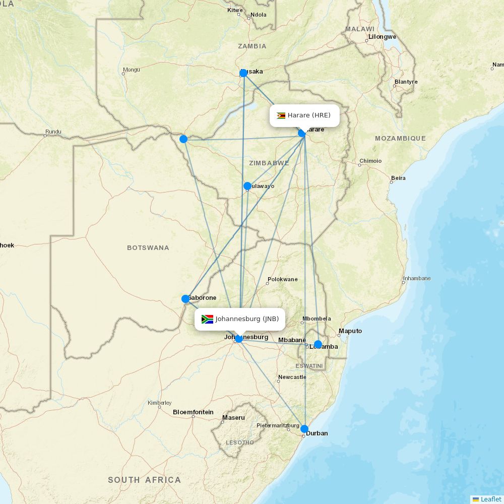South African Airways airline routes (SA) 2025, map - Flight Routes