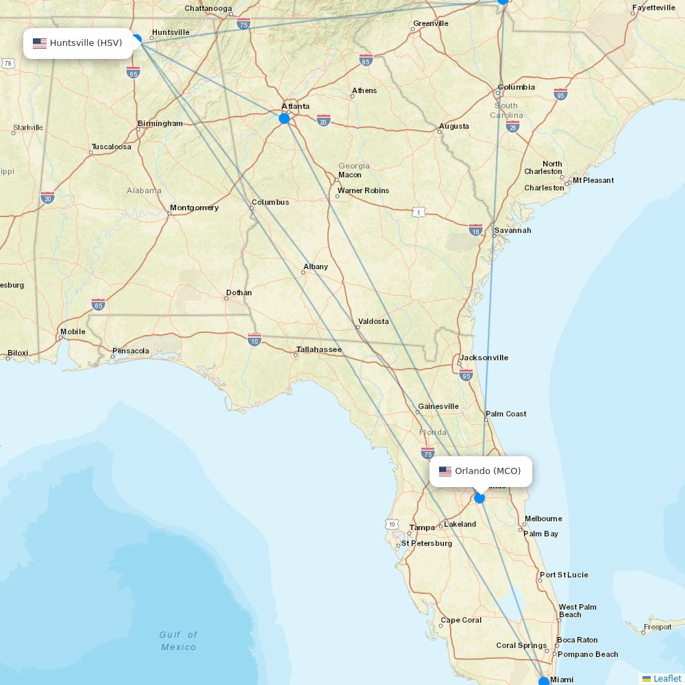 Breeze Airways airline routes (MX) 2025, map - Flight Routes