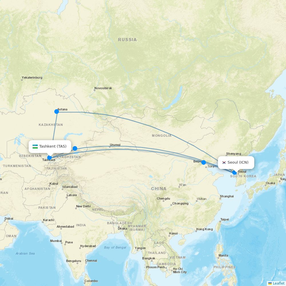 Uzbekistan Airways airline routes (HY) 2025, map - Flight Routes