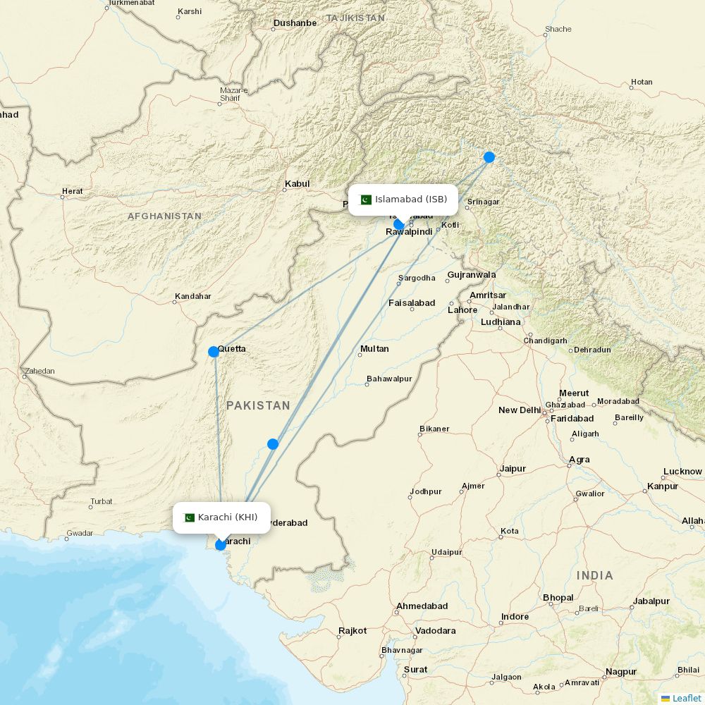 Pakistan International Airlines routes (PK) 2025, map - Flight Routes