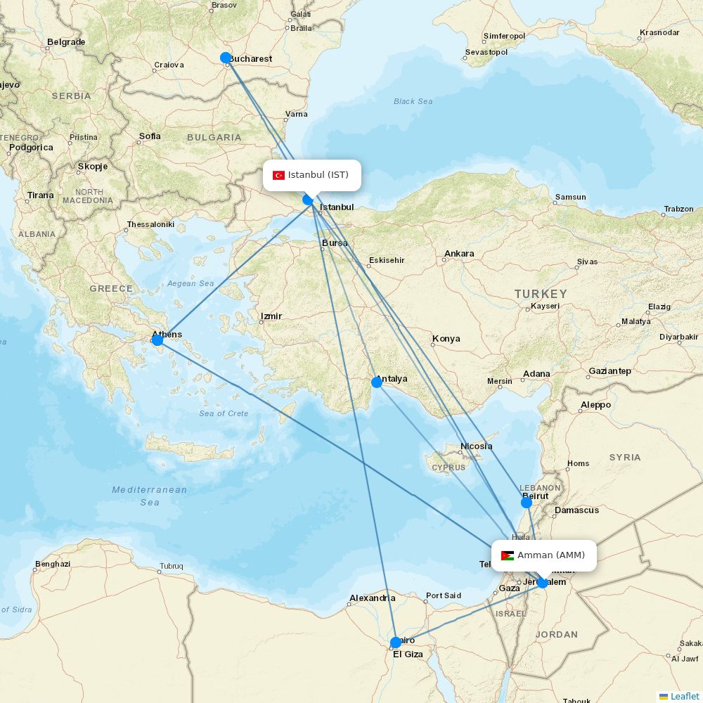Royal Jordanian airline routes (RJ) 2026, map - Flight Routes