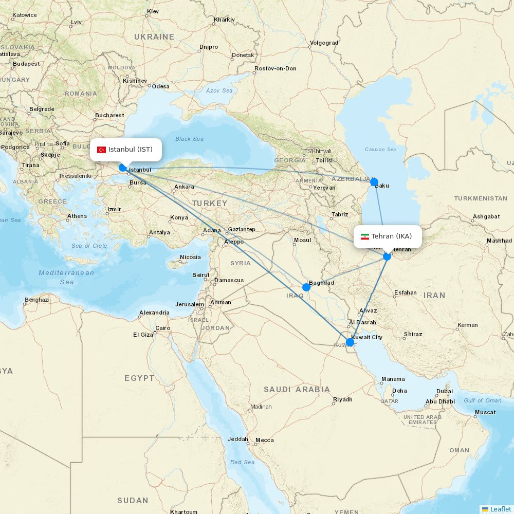 Iran Air airline routes (IR) - map - Flight Routes