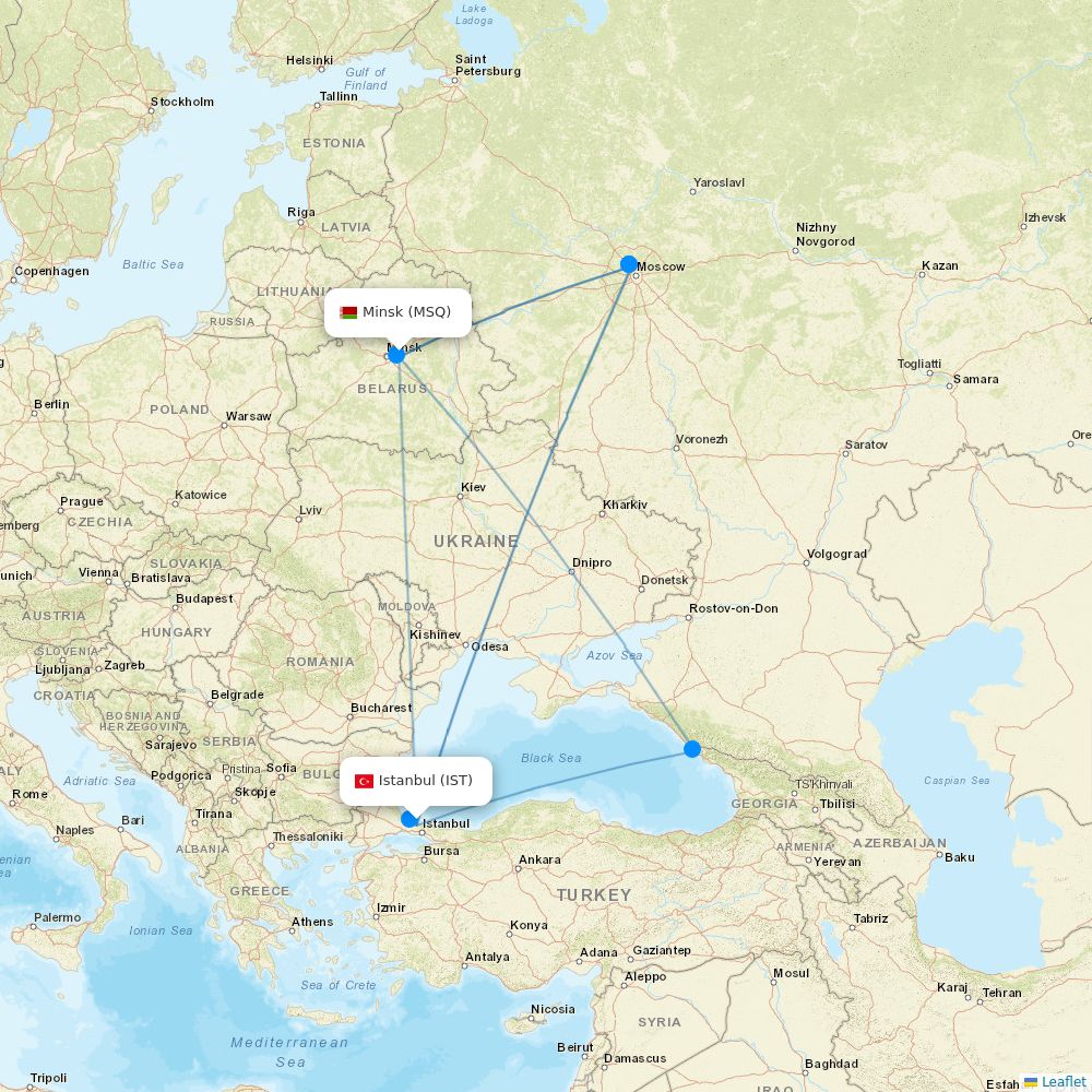 Belavia airline routes (B2) 2026, map - Flight Routes