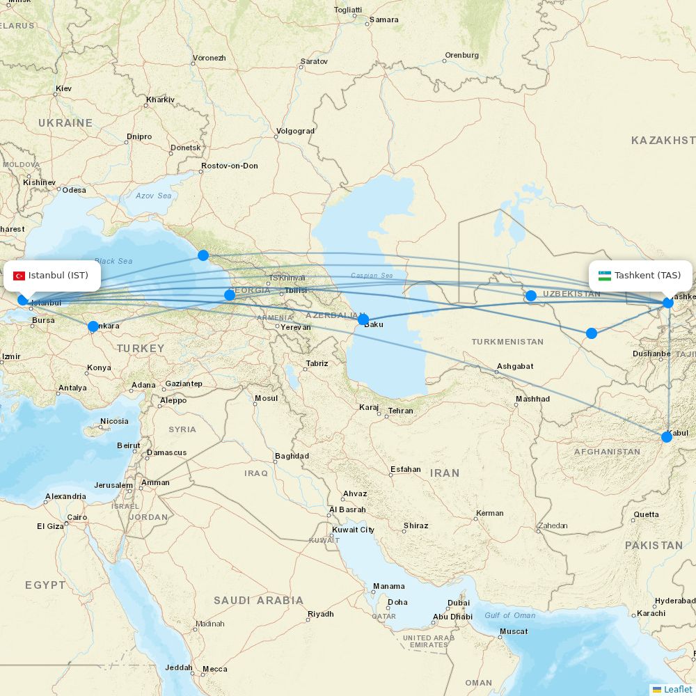 Uzbekistan Airways airline routes (HY) 2025, map - Flight Routes