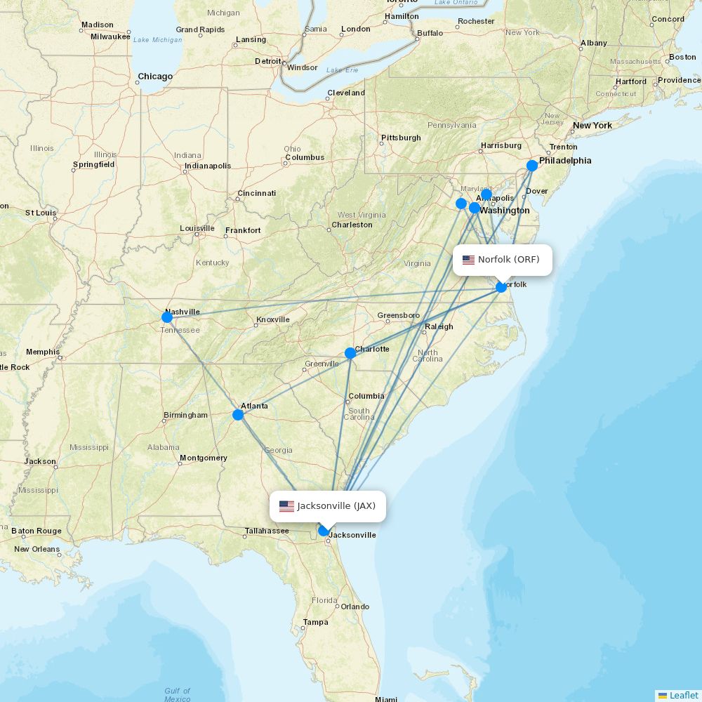 Breeze Airways airline routes (MX) 2025, map - Flight Routes