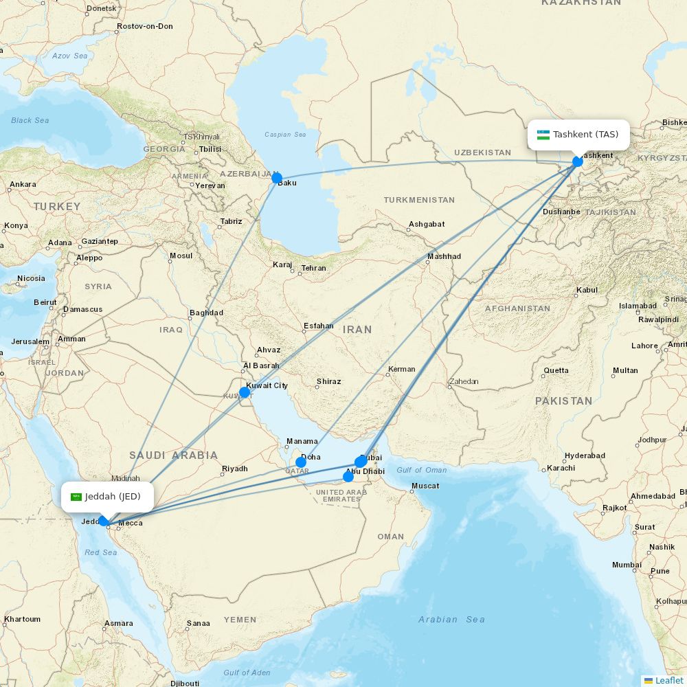 Uzbekistan Airways airline routes (HY) 2025, map - Flight Routes