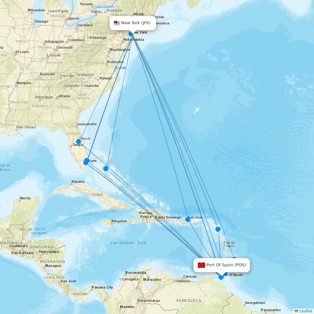 Caribbean Airlines routes (BW) 2026, map - Flight Routes