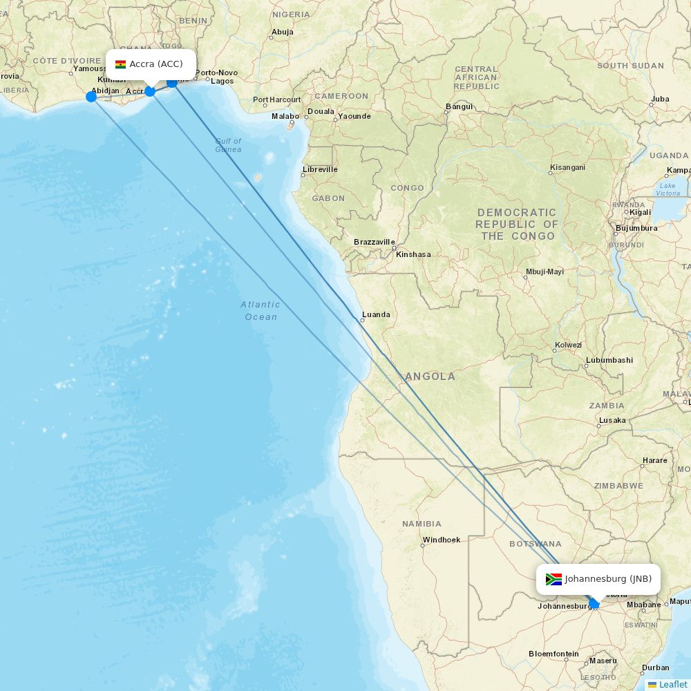 South African Airways airline routes (SA) 2025, map - Flight Routes