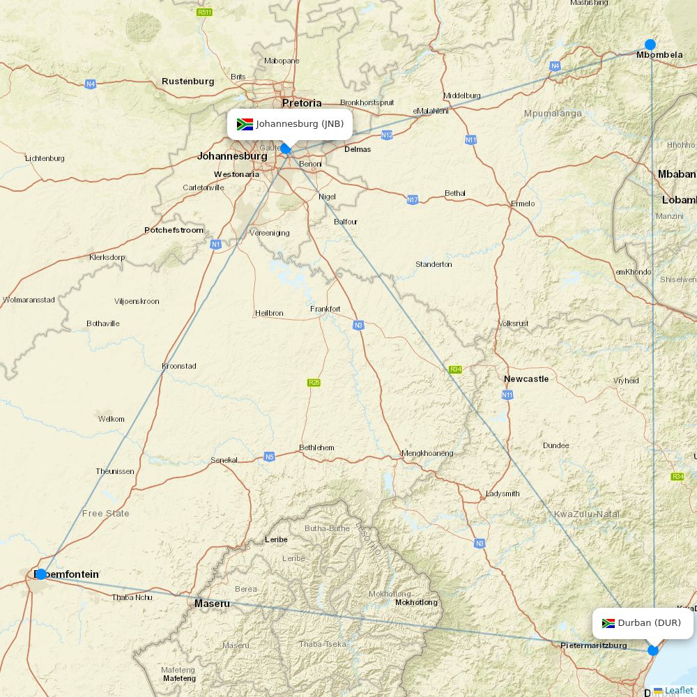 South African Airways airline routes (SA) 2025, map - Flight Routes