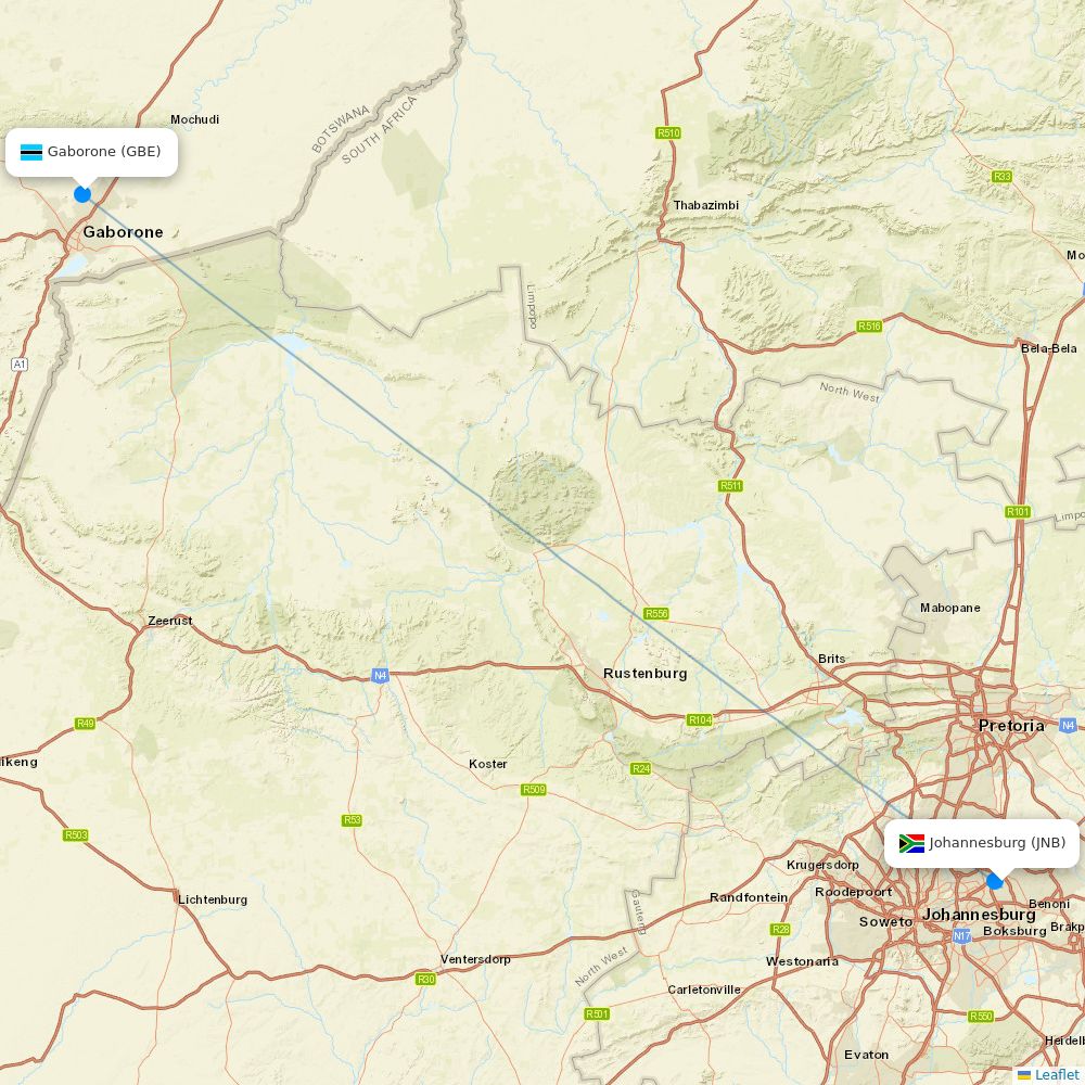 South African Airways airline routes (SA) 2025, map - Flight Routes