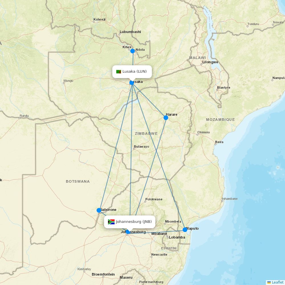 South African Airways airline routes (SA) 2025, map - Flight Routes