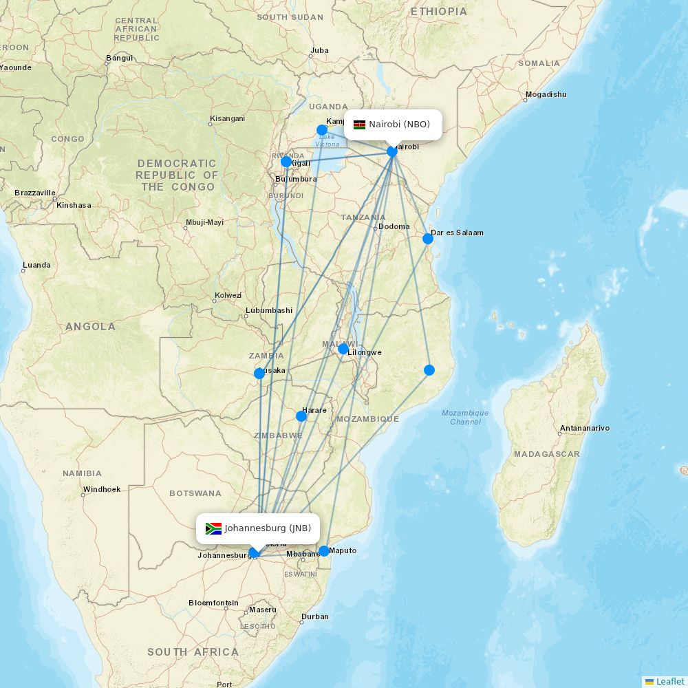 Kenya Airways airline routes (KQ) 2025, map - Flight Routes