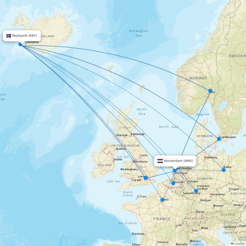 Icelandair airline routes (FI) 2025, map - Flight Routes