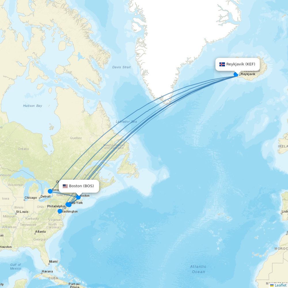 Icelandair airline routes (FI) 2025, map - Flight Routes