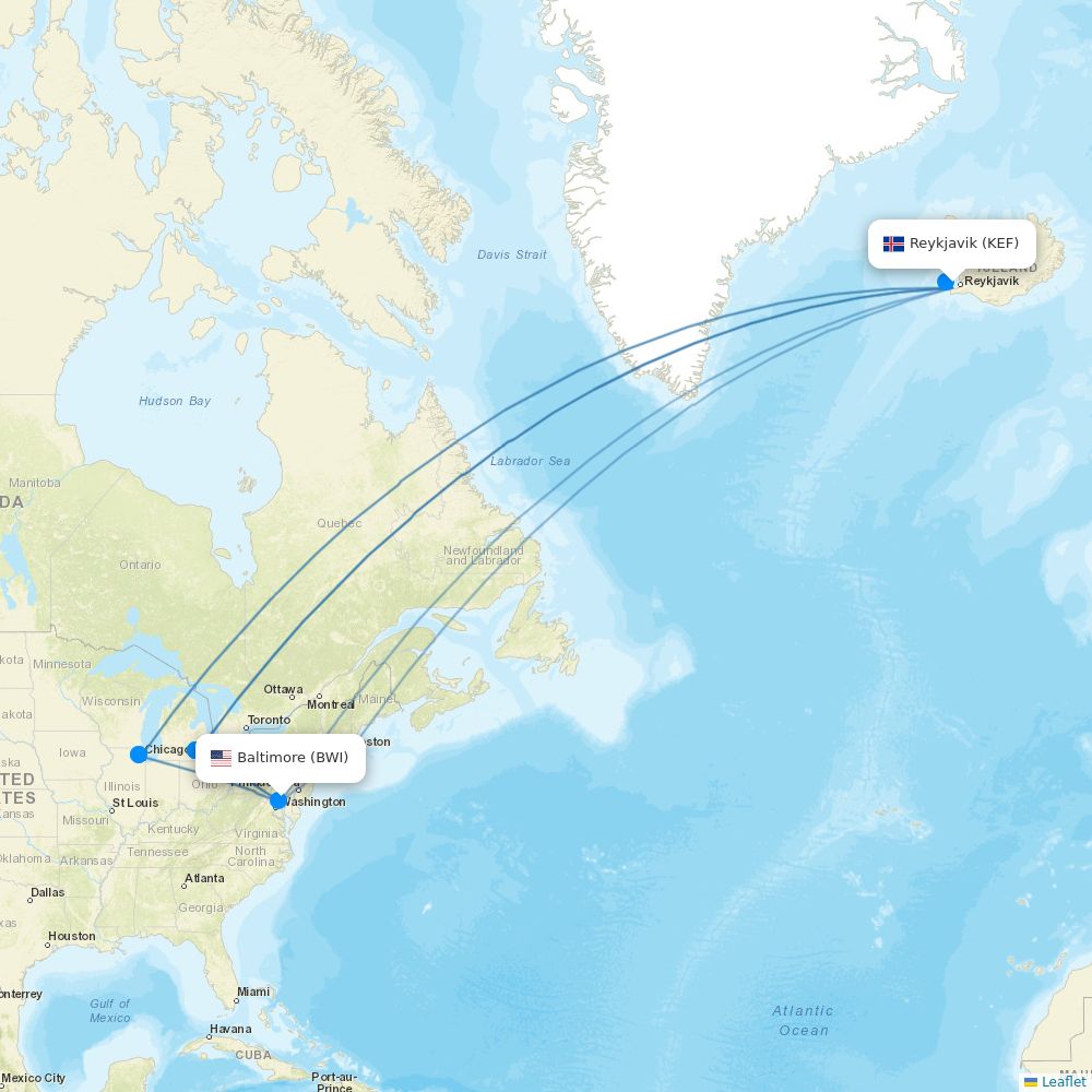 Icelandair airline routes (FI) - map - Flight Routes