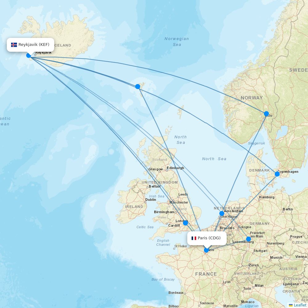 Icelandair airline routes (FI) 2025, map - Flight Routes