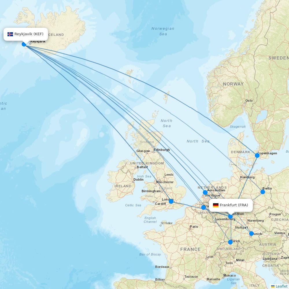 Icelandair airline routes (FI) 2026, map - Flight Routes