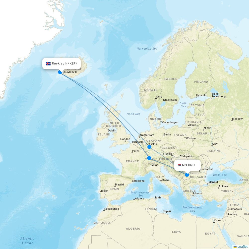 Flights from Reykjavik to Nis, KEF to INI - Flight Routes
