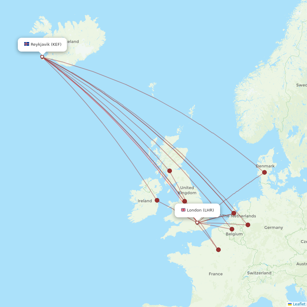 Icelandair airline routes (FI) 2025, map - Flight Routes
