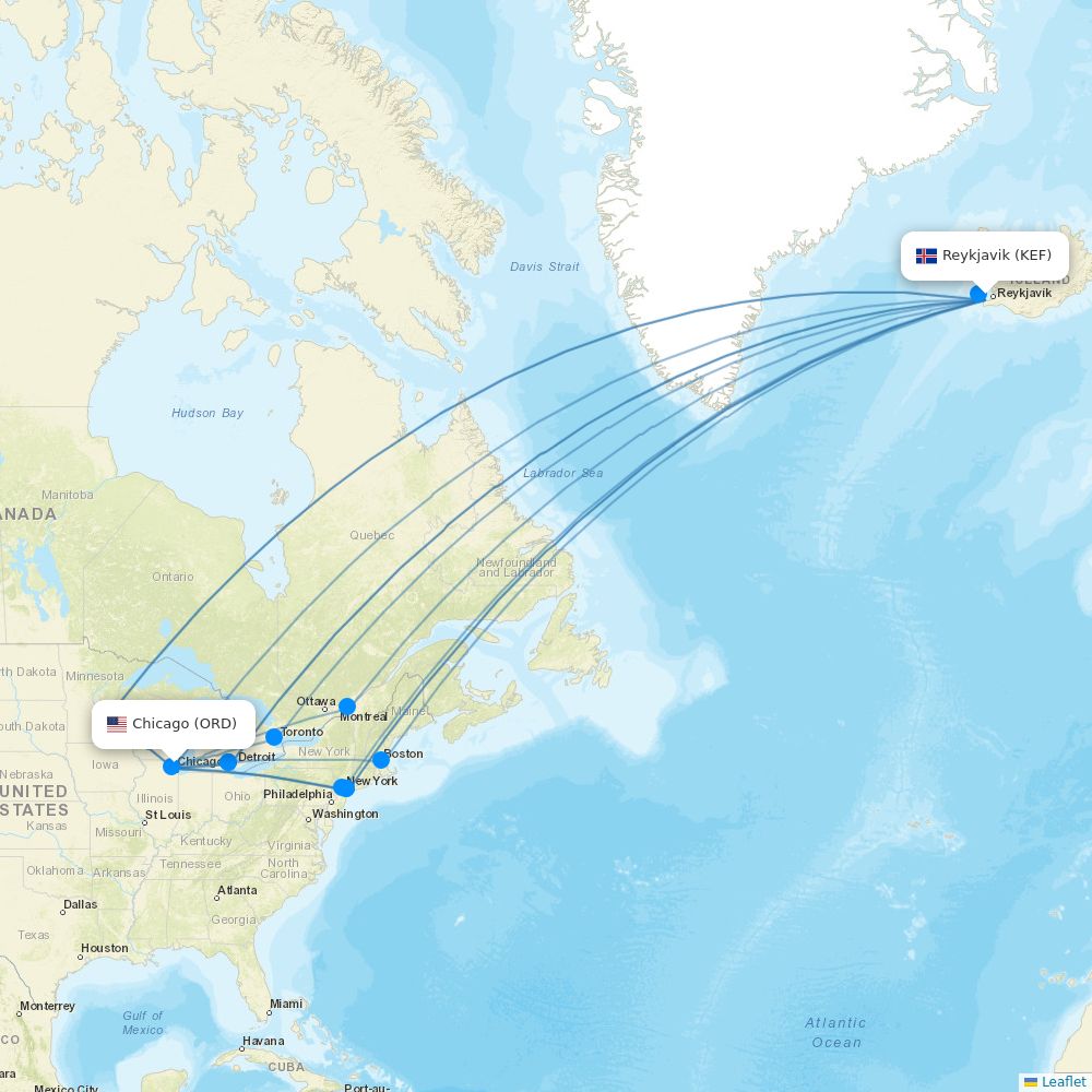 Icelandair airline routes (FI) 2026, map - Flight Routes