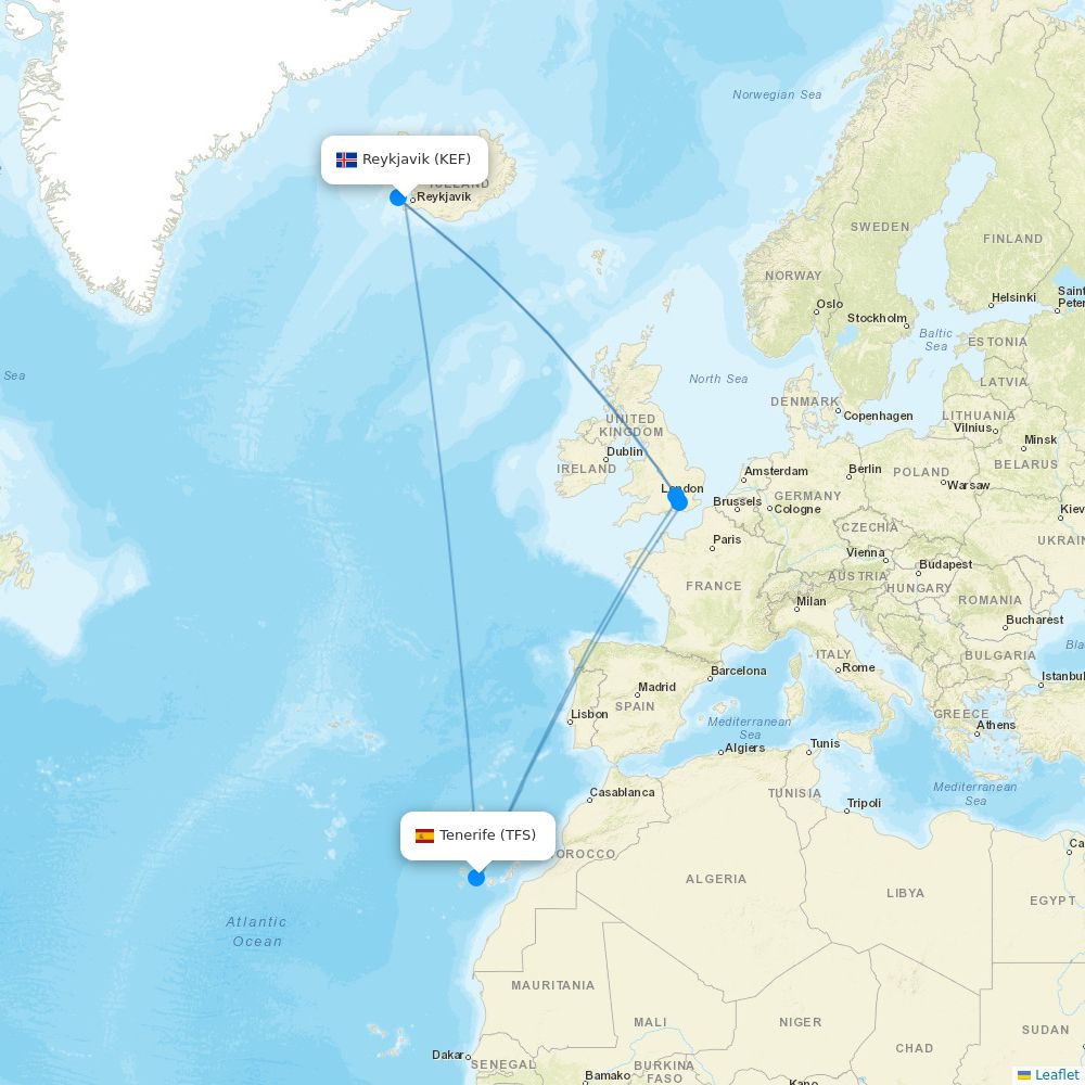 Icelandair airline routes (FI) 2026, map - Flight Routes