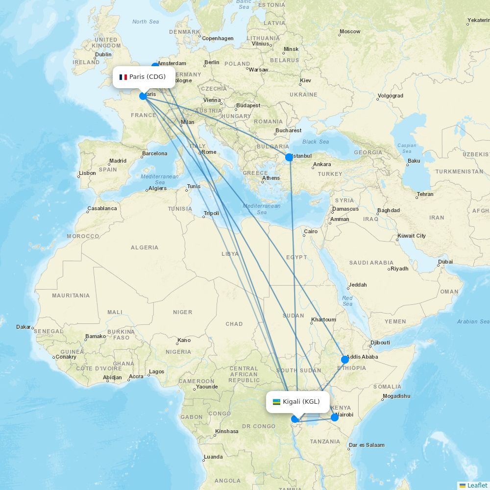 RwandAir airline routes (WB) 2025, map - Flight Routes