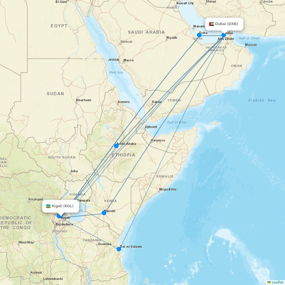 RwandAir airline routes (WB) 2025, map - Flight Routes