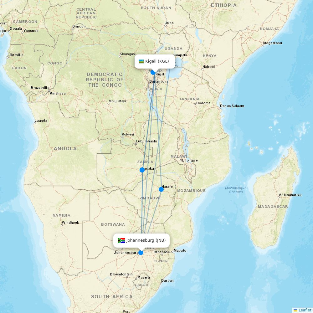 RwandAir airline routes (WB) 2025, map - Flight Routes