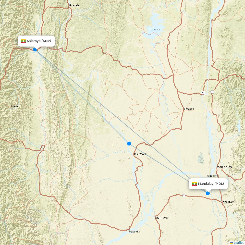 Myanmar Airways International airline routes (8M) 2025, map - Flight Routes