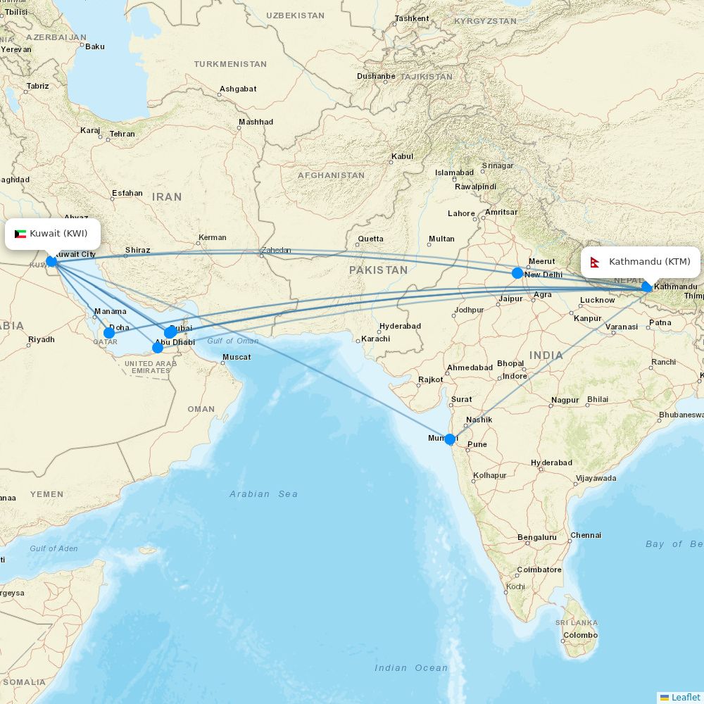 Jazeera Airways airline routes (J9) 2025, map - Flight Routes