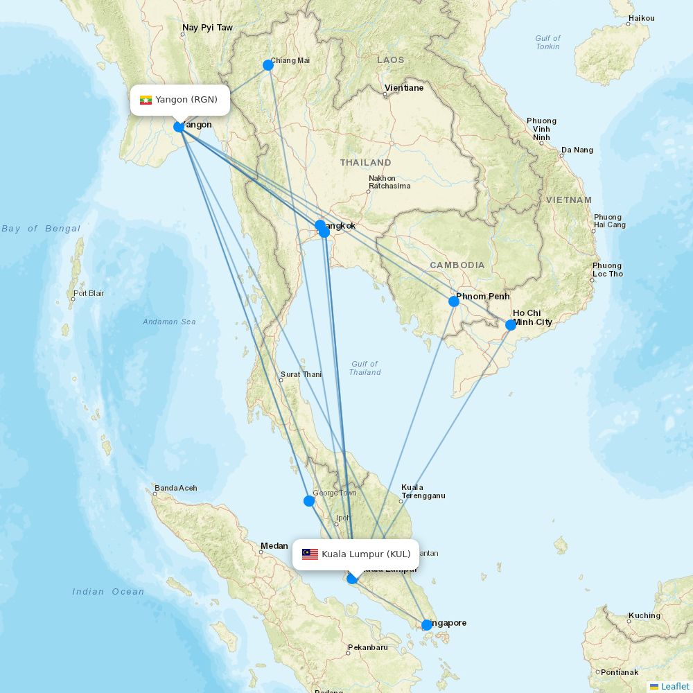Myanmar Airways International airline routes (8M) 2025, map - Flight Routes