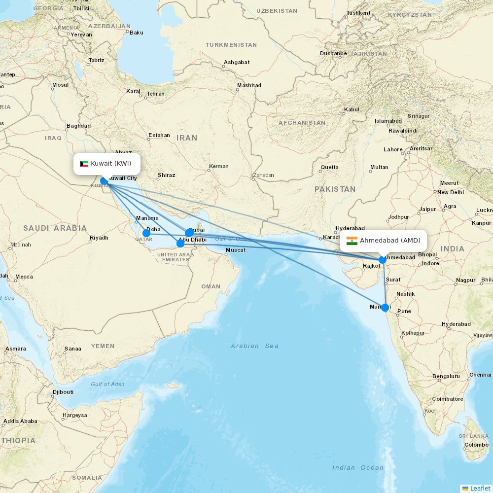 Kuwait Airways airline routes (KU) 2026, map - Flight Routes