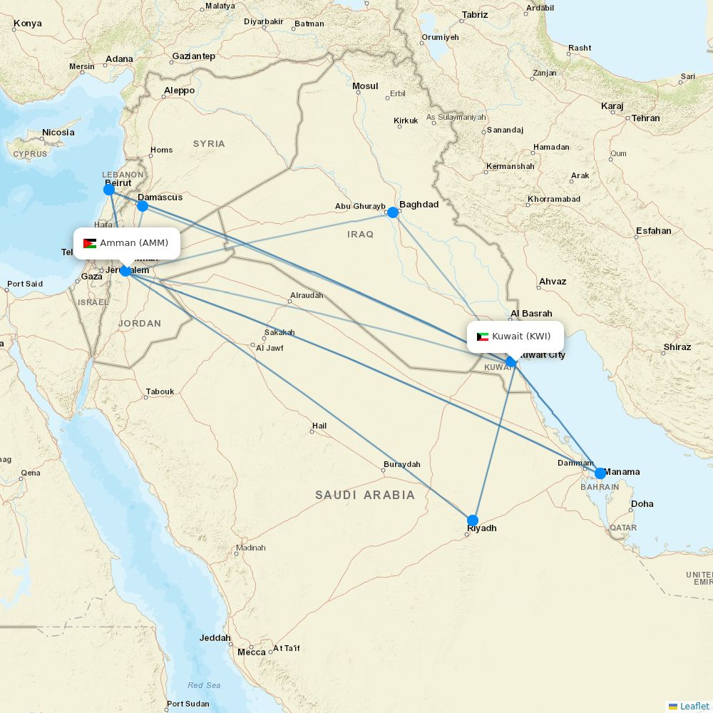 Kuwait Airways airline routes (KU) 2026, map - Flight Routes
