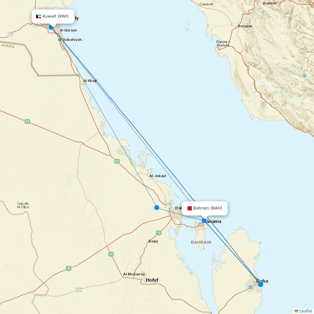 Gulf Air airline routes (GF) 2025, map - Flight Routes