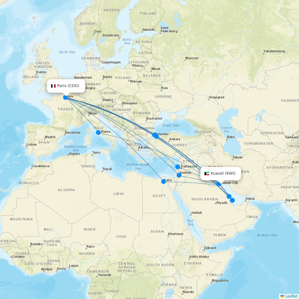 Kuwait Airways airline routes (KU) 2026, map - Flight Routes