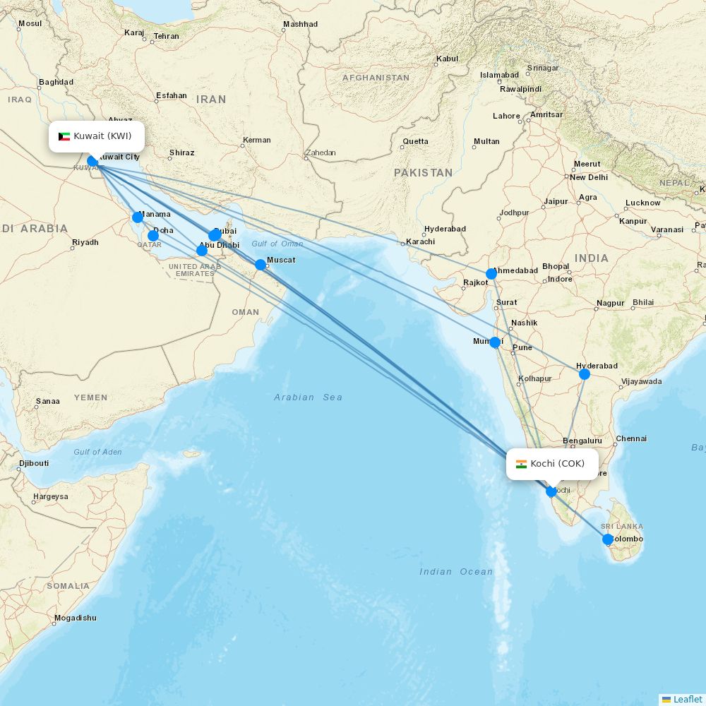 Jazeera Airways airline routes (J9) 2026, map - Flight Routes