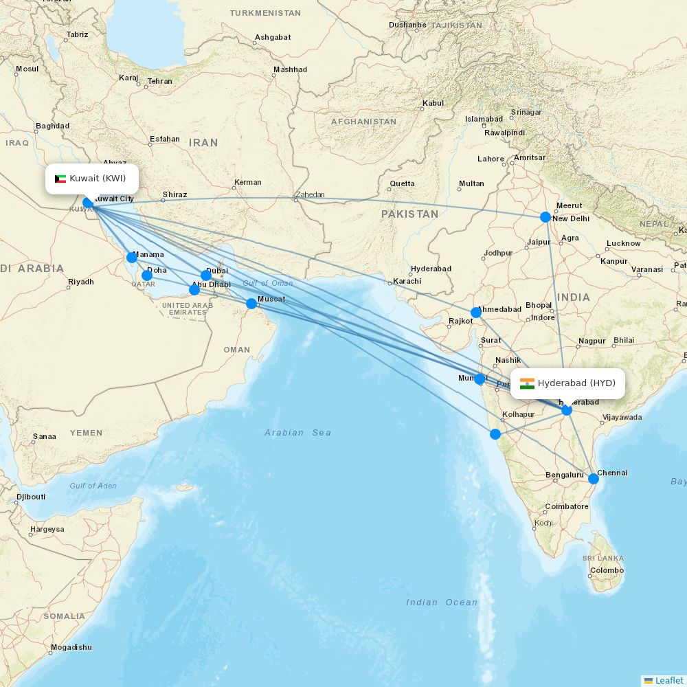 Kuwait Airways airline routes (KU) 2026, map - Flight Routes