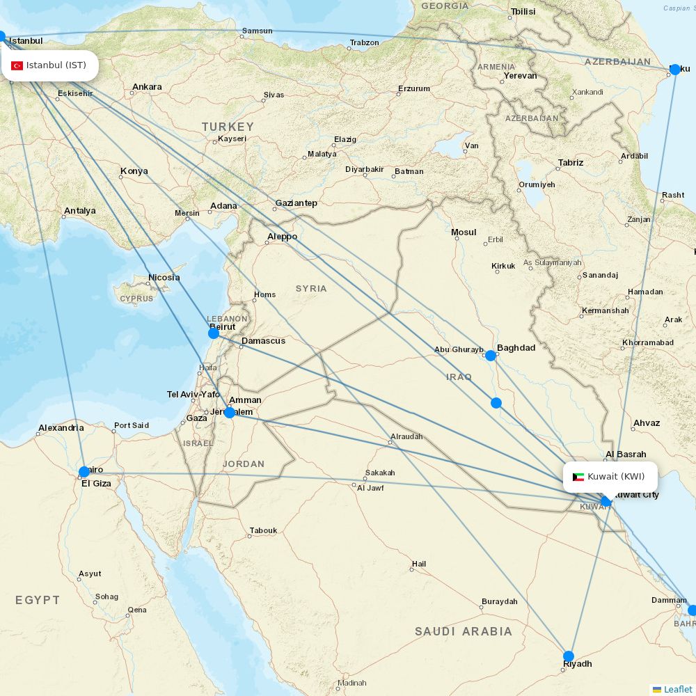 Kuwait Airways airline routes (KU) 2026, map - Flight Routes