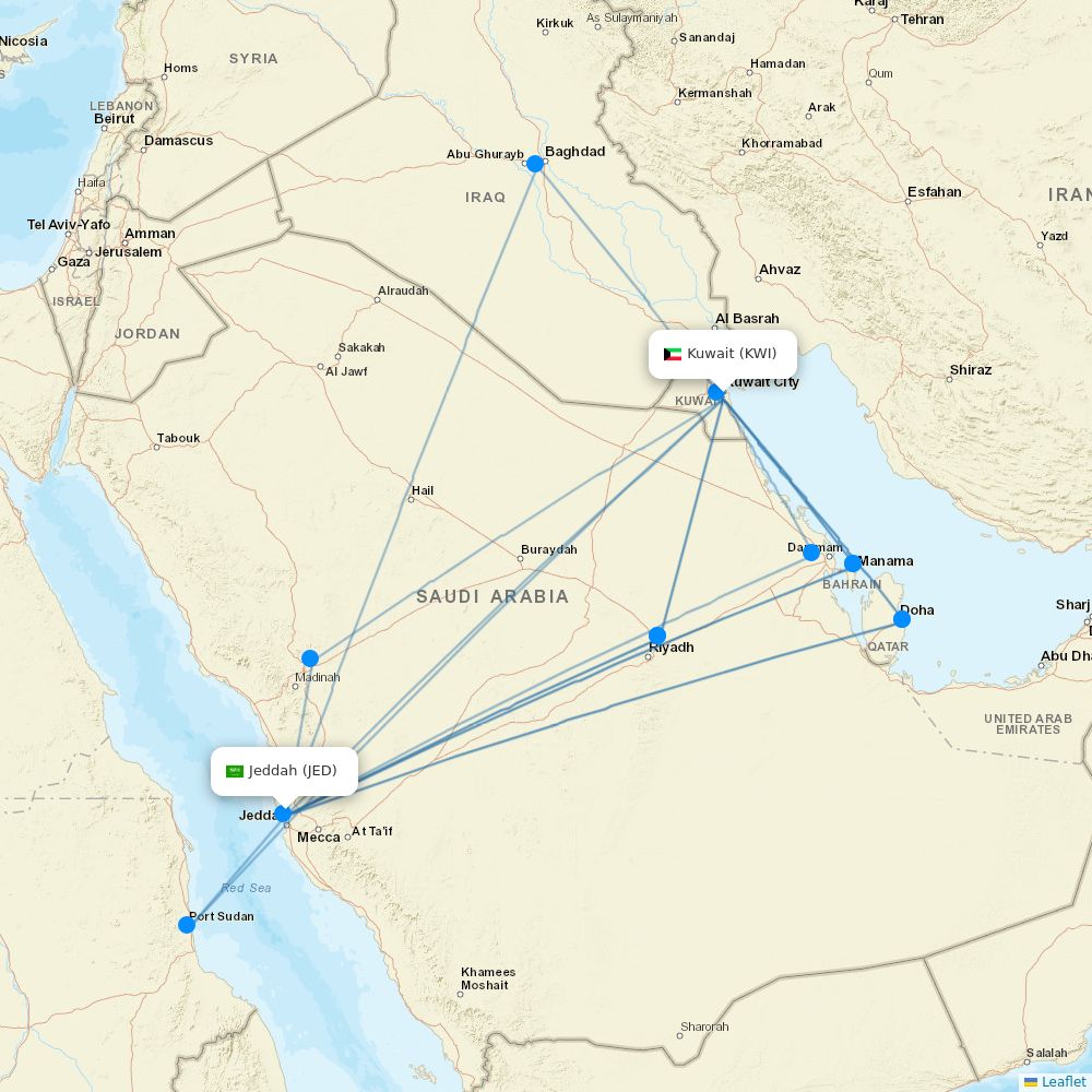 Jazeera Airways airline routes (J9) 2026, map - Flight Routes