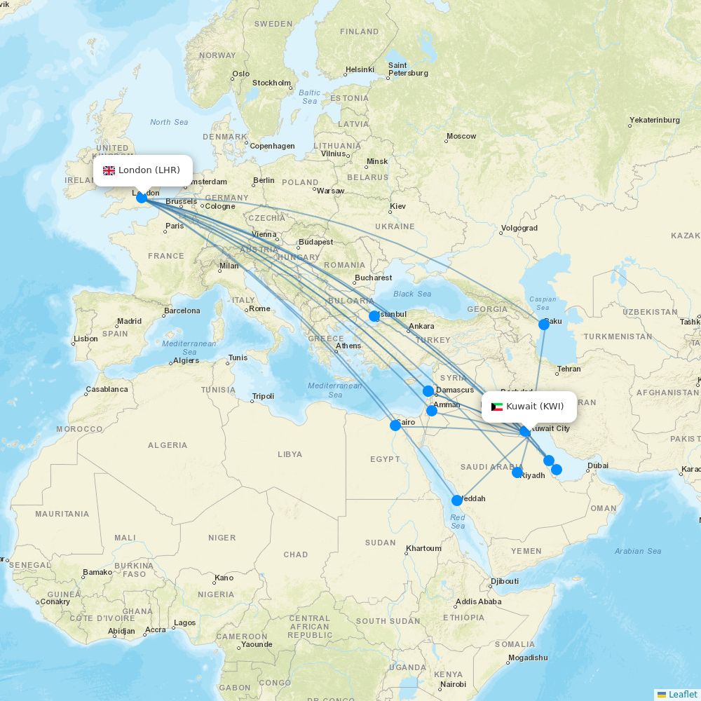 Kuwait Airways airline routes (KU) 2026, map - Flight Routes