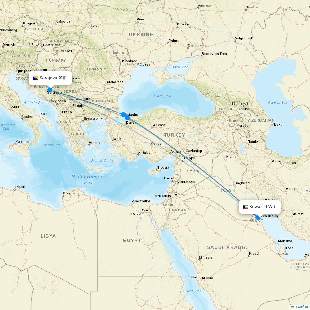 Jazeera Airways airline routes (J9) 2026, map - Flight Routes