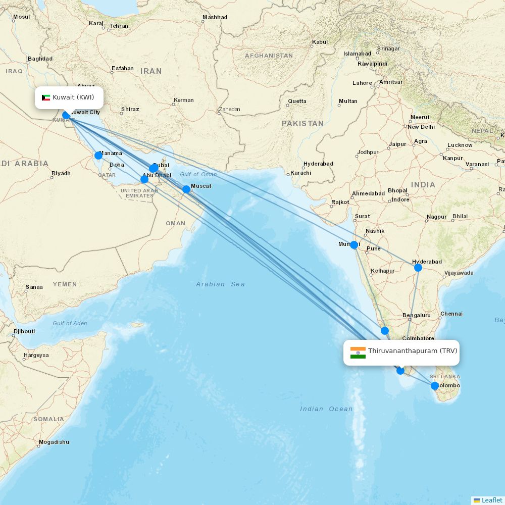 Kuwait Airways airline routes (KU) 2026, map - Flight Routes