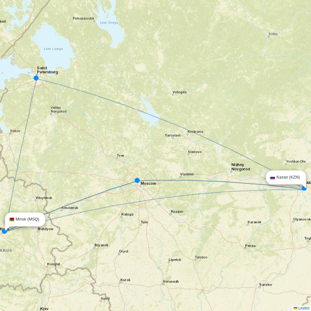 Belavia airline routes (B2) 2026, map - Flight Routes