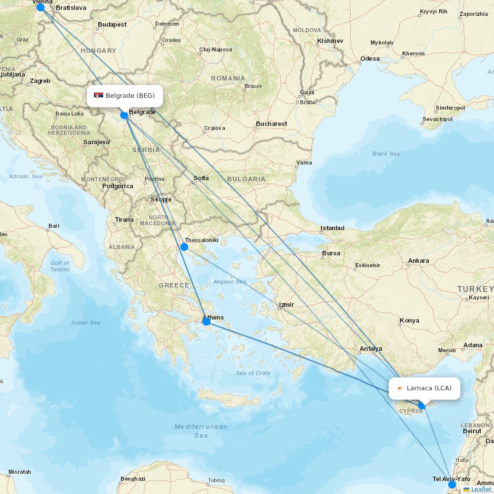 Air Serbia airline routes (JU) 2026, map - Flight Routes